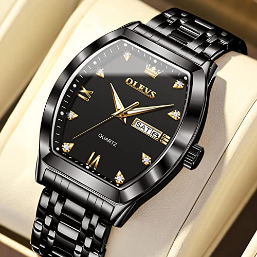 OLEVS Watch for Men Business Dress Diamond Analog Quartz Date Luxury Men Watches Black Casual Stainless Steel Waterproof Luminous Two Tone Man Wrist Watch Square