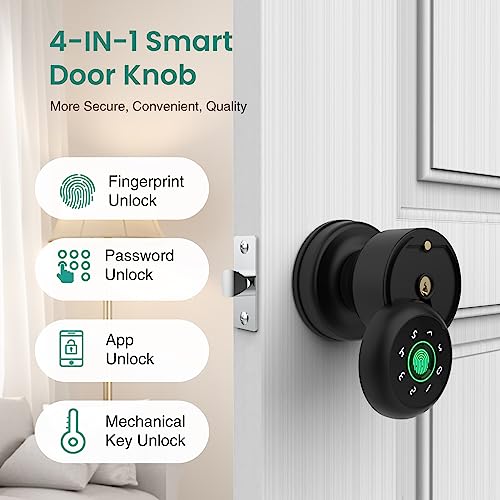 GHome 4 IN 1 Smart Fingerprint Door Knob with Keypad Door Lock, Biometric Smart Door Knobs & App Control, Keyless Entry Door Lock Great for Home, Bedroom, Apartment Offices and Garages