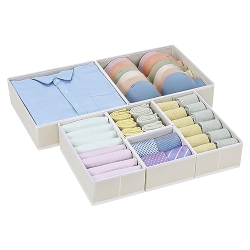 homsorout Sock Organizer, Fabric Dresser Underwear Organizer, Foldable Drawer Organizers for Clothing, Clothing Organizer Drawer Divider for Bras, T-shirts, Socks, Panties, 6 Packs (Beige)