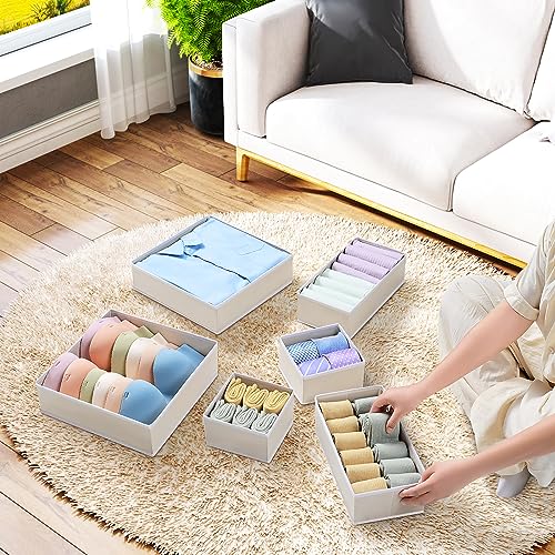 homsorout Sock Organizer, Fabric Dresser Underwear Organizer, Foldable Drawer Organizers for Clothing, Clothing Organizer Drawer Divider for Bras, T-shirts, Socks, Panties, 6 Packs (Beige)