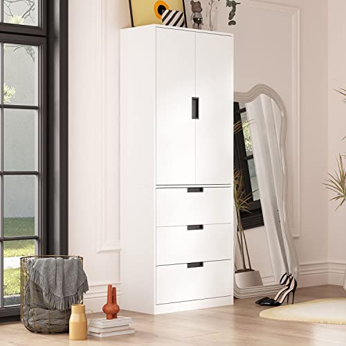 Homsee Wardrobe Armoire with 2 Doors, Hanging Rod & 3 Drawers, Wooden Closet Storage Cabinet with Adjustable Hanging Rod for Bedroom, White (27.6”L x 15.7”W x 70.9”H)