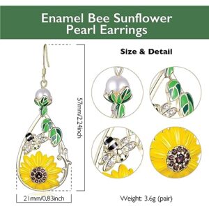 Evabelle Sunflower Daisy Flower Bee Earrings for Women Pearl Drop Dangle Summer Earrings 14K Gold Plated CZ Enamel Prom Earrings for Women Trendy for Birthday Anniversary Jewelry Gift for Her (Sunflower Earrings)