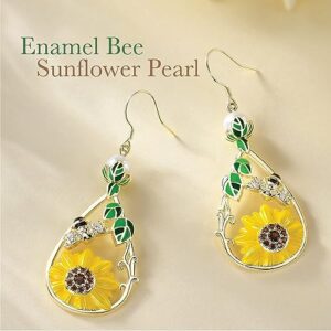 Evabelle Sunflower Daisy Flower Bee Earrings for Women Pearl Drop Dangle Summer Earrings 14K Gold Plated CZ Enamel Prom Earrings for Women Trendy for Birthday Anniversary Jewelry Gift for Her (Sunflower Earrings)