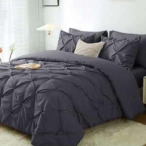 jollyvogue bed in a bag 7-pieces, dark grey queen/full comforter set for all season, pintuck bedding sets with 1 comforter, 1 flat sheet, 1 fitted sheet, 2 pillowcases & 2 pillowshams