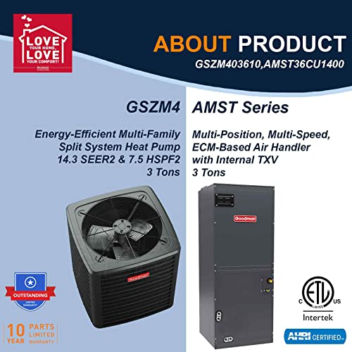 Goodman 3 Ton 14.3 SEER2 High-Efficiency Single Stage Split System Heat Pump GSZM403610 and Multi-Positional Multi-Speed Air Handler AMST36CU1400 with Internal TXV