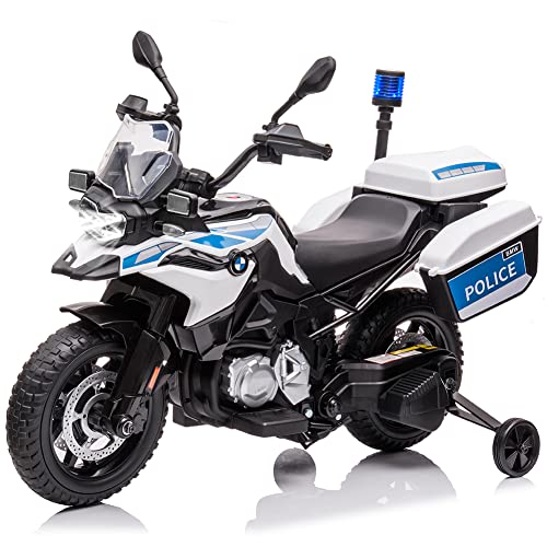 12V 7AH Ride On Police Motorcycle, Licensed BMW Kids Ride On Car with High/Low Speed,Music,2 Storage Boxes,Warning Lights and LED Headlights,Spring Suspension,EVA Tire,Training Wheels