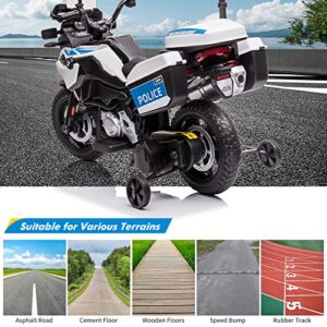 12V 7AH Ride On Police Motorcycle, Licensed BMW Kids Ride On Car with High/Low Speed,Music,2 Storage Boxes,Warning Lights and LED Headlights,Spring Suspension,EVA Tire,Training Wheels