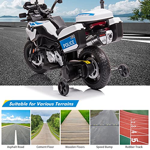 12V 7AH Ride On Police Motorcycle, Licensed BMW Kids Ride On Car with High/Low Speed,Music,2 Storage Boxes,Warning Lights and LED Headlights,Spring Suspension,EVA Tire,Training Wheels