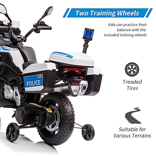 12V 7AH Ride On Police Motorcycle, Licensed BMW Kids Ride On Car with High/Low Speed,Music,2 Storage Boxes,Warning Lights and LED Headlights,Spring Suspension,EVA Tire,Training Wheels