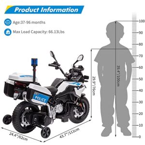 12V 7AH Ride On Police Motorcycle, Licensed BMW Kids Ride On Car with High/Low Speed,Music,2 Storage Boxes,Warning Lights and LED Headlights,Spring Suspension,EVA Tire,Training Wheels