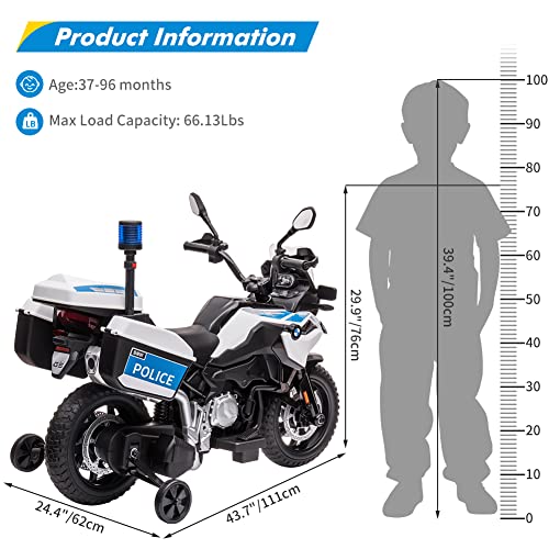 12V 7AH Ride On Police Motorcycle, Licensed BMW Kids Ride On Car with High/Low Speed,Music,2 Storage Boxes,Warning Lights and LED Headlights,Spring Suspension,EVA Tire,Training Wheels