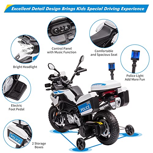 12V 7AH Ride On Police Motorcycle, Licensed BMW Kids Ride On Car with High/Low Speed,Music,2 Storage Boxes,Warning Lights and LED Headlights,Spring Suspension,EVA Tire,Training Wheels