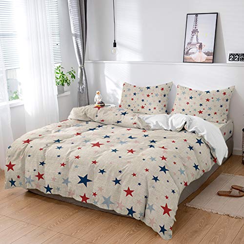 Vintage Stars on Beige Linen Duvet Cover Set Cali King,4 Pieces Blue Red Star Independence Day Bed Sheet Sets Soft Comforter Cover with Flat Sheet 2 Pillow Shams for Man/Woman 4th of July