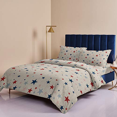 Vintage Stars on Beige Linen Duvet Cover Set Cali King,4 Pieces Blue Red Star Independence Day Bed Sheet Sets Soft Comforter Cover with Flat Sheet 2 Pillow Shams for Man/Woman 4th of July