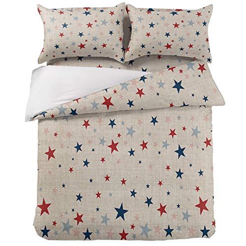 Vintage Stars on Beige Linen Duvet Cover Set Cali King,4 Pieces Blue Red Star Independence Day Bed Sheet Sets Soft Comforter Cover with Flat Sheet 2 Pillow Shams for Man/Woman 4th of July