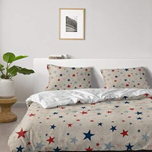 Vintage Stars on Beige Linen Duvet Cover Set Cali King,4 Pieces Blue Red Star Independence Day Bed Sheet Sets Soft Comforter Cover with Flat Sheet 2 Pillow Shams for Man/Woman 4th of July