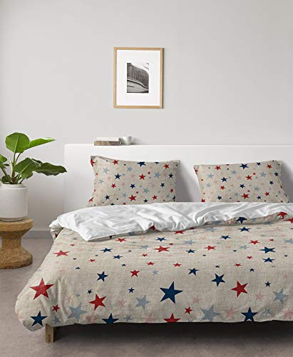 Vintage Stars on Beige Linen Duvet Cover Set Cali King,4 Pieces Blue Red Star Independence Day Bed Sheet Sets Soft Comforter Cover with Flat Sheet 2 Pillow Shams for Man/Woman 4th of July