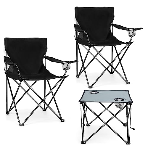 Leonyo 2 Pcs Camping Chairs with Table, Folding Chairs for Outside & Portable Camping Table, Oversized Heavy Duty Foldable Chair for Adults Fishing, Picnic, Hiking, Sports, Lawn, Travel - Black