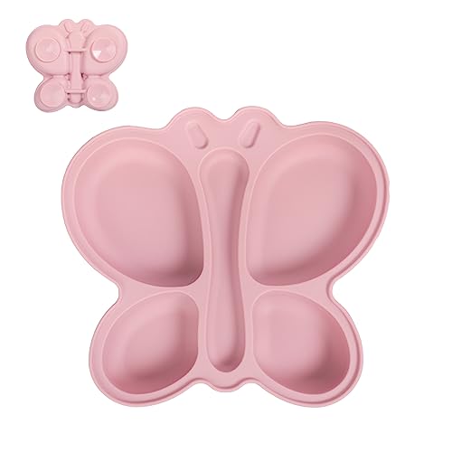 CUAIBB Suction Plates for Baby, Silicone Toddlers Plates with Suction Butterfly Shape, Divided Plates for Baby Led Weaning Supplies - Microwave & Dishwasher Safe - Pink