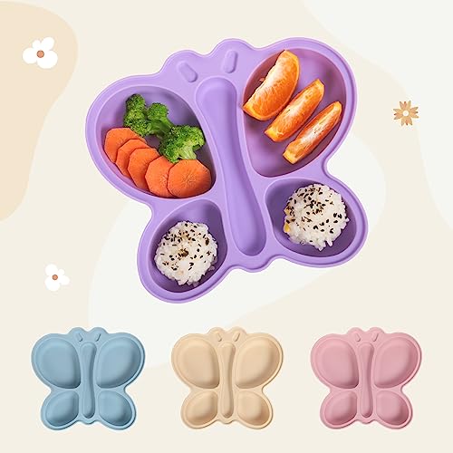 CUAIBB Suction Plates for Baby, Silicone Toddlers Plates with Suction Butterfly Shape, Divided Plates for Baby Led Weaning Supplies - Microwave & Dishwasher Safe - Pink