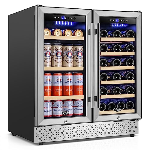 Tylza 30 Inch Wine and Beverage Refrigerator, Dual Zone Wine Beverage Cooler 30" with French Door, Under Counter Wine Beer Fridge Built-In or Freestanding, Holds 29 Bottles and 110 Cans TYBC200