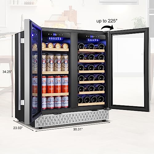 Tylza 30 Inch Wine and Beverage Refrigerator, Dual Zone Wine Beverage Cooler 30" with French Door, Under Counter Wine Beer Fridge Built-In or Freestanding, Holds 29 Bottles and 110 Cans TYBC200