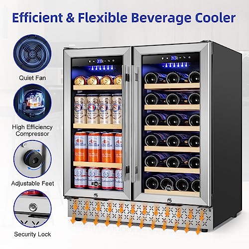 Tylza 30 Inch Wine and Beverage Refrigerator, Dual Zone Wine Beverage Cooler 30" with French Door, Under Counter Wine Beer Fridge Built-In or Freestanding, Holds 29 Bottles and 110 Cans TYBC200