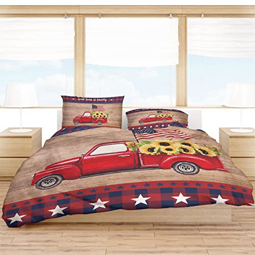 Durable Duvet Cover Set 3 Piece Bedding Sets Queen Size, Car with Flag Sunflower Independence Day Red Buffalo Checkered Comforter Set Soft Microfiber Bedding with 1 Comforter Cover, 2 Pillowcases