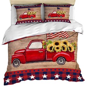 Durable Duvet Cover Set 3 Piece Bedding Sets Queen Size, Car with Flag Sunflower Independence Day Red Buffalo Checkered Comforter Set Soft Microfiber Bedding with 1 Comforter Cover, 2 Pillowcases