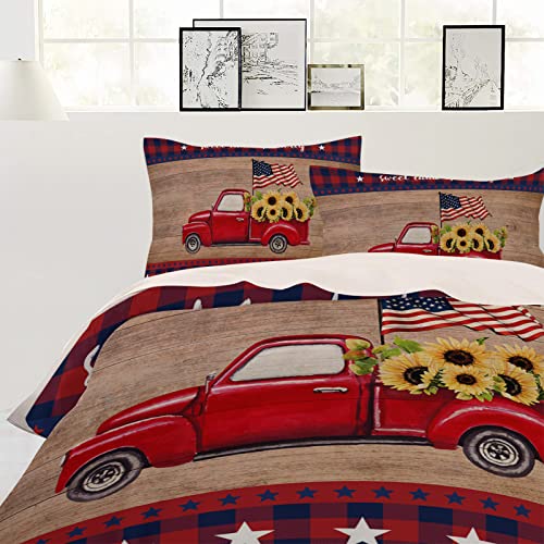 Durable Duvet Cover Set 3 Piece Bedding Sets Queen Size, Car with Flag Sunflower Independence Day Red Buffalo Checkered Comforter Set Soft Microfiber Bedding with 1 Comforter Cover, 2 Pillowcases