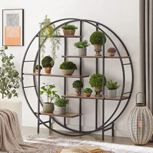 Bookcase Round 5 Tier Bookshelf Open Freestanding Storage Shelf Metal Plant Stand, Display Stand for Living Room Home Office Entryway Bedroom, Rustic Brown