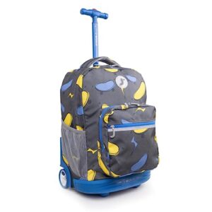 j world new york sunrise kids rolling backpack for girls boys teen. roller bookbag with wheels, lightboard, 18"