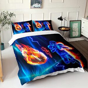 AILONEN Sports Rugby Duvet Cover for Boys Girls 3PCS Twin Size, Flaming Galaxy Rugby Football Bedding Set,Blue and Red Theme Comforter Cover Set,1 Quilt Cover 2 Pillowcases,Perfect for Boys Room