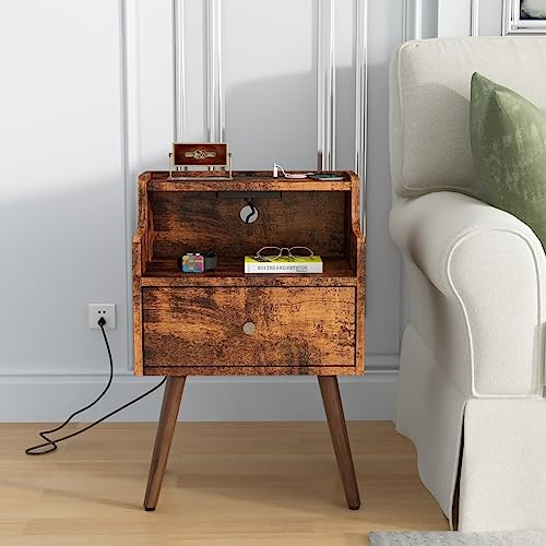 Nightstand with Drawer, Side Table with Charging Station, Mid-Century Modern End Table, 2-Tiers Storage Space Bedside Table with Solid Wood Legs, Brown Night Stand for Living Room, Bedroom