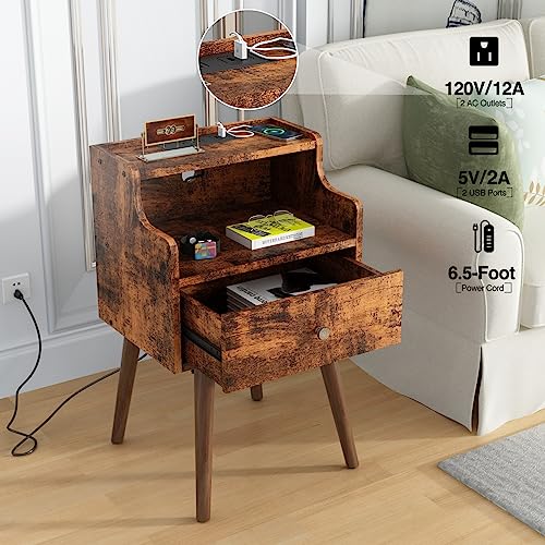 Nightstand with Drawer, Side Table with Charging Station, Mid-Century Modern End Table, 2-Tiers Storage Space Bedside Table with Solid Wood Legs, Brown Night Stand for Living Room, Bedroom