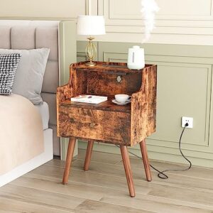 Nightstand with Drawer, Side Table with Charging Station, Mid-Century Modern End Table, 2-Tiers Storage Space Bedside Table with Solid Wood Legs, Brown Night Stand for Living Room, Bedroom