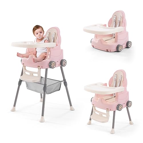 High Chairs for Babies and Toddlers, Portable 3 in 1 High Chair, Adjustable Convertible Compact Infant Baby Feeding Chair Booster with Detachable Double Tray, 5 Point Harness, Foot Rest Pink