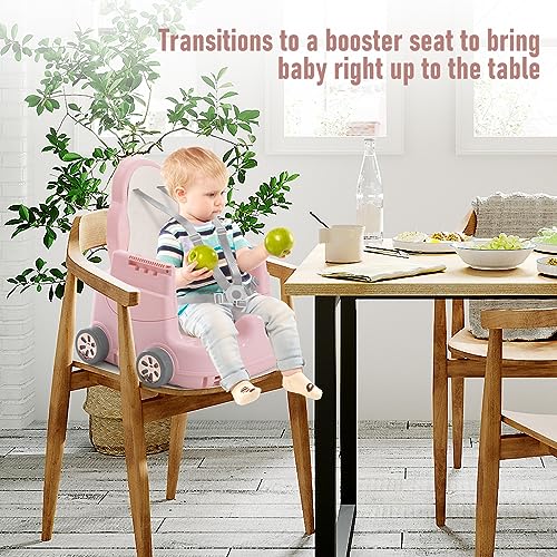 High Chairs for Babies and Toddlers, Portable 3 in 1 High Chair, Adjustable Convertible Compact Infant Baby Feeding Chair Booster with Detachable Double Tray, 5 Point Harness, Foot Rest Pink