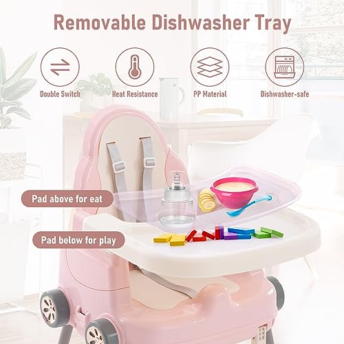 High Chairs for Babies and Toddlers, Portable 3 in 1 High Chair, Adjustable Convertible Compact Infant Baby Feeding Chair Booster with Detachable Double Tray, 5 Point Harness, Foot Rest Pink