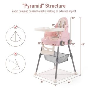 High Chairs for Babies and Toddlers, Portable 3 in 1 High Chair, Adjustable Convertible Compact Infant Baby Feeding Chair Booster with Detachable Double Tray, 5 Point Harness, Foot Rest Pink