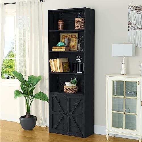 oneinmil 6 Tier Bookshelf and Bookcase, Wooden Bookshelves with Cabinet Doors, Floor Bookshelves and Office Storage Cabinets for Home Office, Living Room,Black