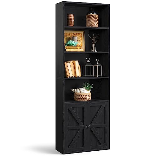 oneinmil 6 Tier Bookshelf and Bookcase, Wooden Bookshelves with Cabinet Doors, Floor Bookshelves and Office Storage Cabinets for Home Office, Living Room,Black