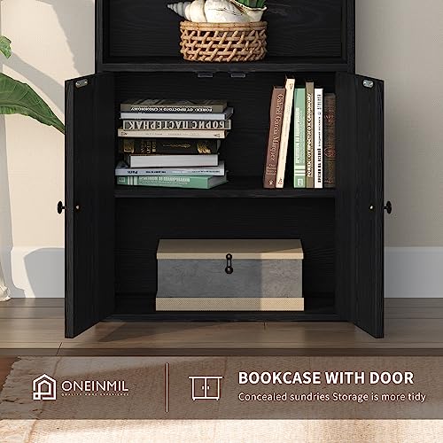 oneinmil 6 Tier Bookshelf and Bookcase, Wooden Bookshelves with Cabinet Doors, Floor Bookshelves and Office Storage Cabinets for Home Office, Living Room,Black