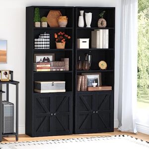 oneinmil 6 Tier Bookshelf and Bookcase, Wooden Bookshelves with Cabinet Doors, Floor Bookshelves and Office Storage Cabinets for Home Office, Living Room,Black