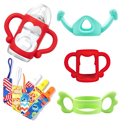 Baby Bottle Handles for Dr Brown Narrow Bottles, 3 Styles 2 Sizes, BPA Free Soft Silicone Bottle Holder for Baby Self-Feeding, Teach Baby to Drink Independently (3 Bottle Handles & 3 Bottle Straps)