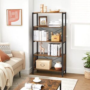 tinkle well 5-tier bookcase, industrial free standing display bookshelf, storage rack with steel frame, ideal for living room, bedroom, hallway, rustic brown