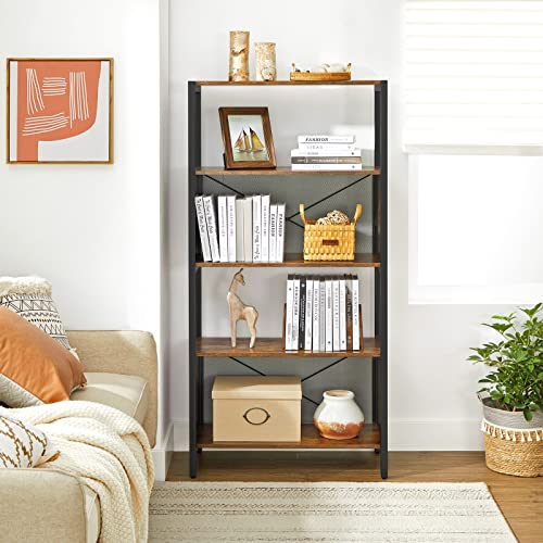 TINKLE WELL 5-Tier Bookcase, Industrial Free Standing Display Bookshelf, Storage Rack with Steel Frame, Ideal for Living Room, Bedroom, Hallway, Rustic Brown