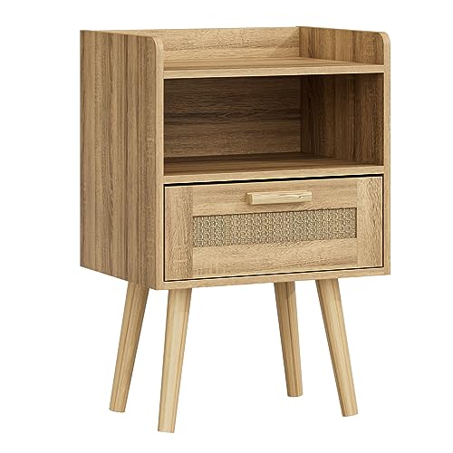 Masupu Night Stand,Bedside Table with PE Rattan Decor Drawer,End Table with Solid Wood Legs, Rattan Furniture,Side Table with Drawer Open Shelf,Rattan Nightstand for Bedroom,Living Room