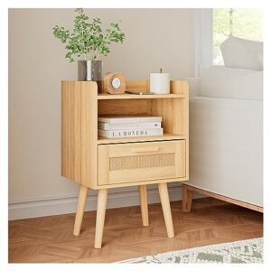 masupu night stand,bedside table with pe rattan decor drawer,end table with solid wood legs, rattan furniture,side table with drawer open shelf,rattan nightstand for bedroom,living room