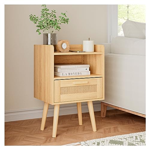 Masupu Night Stand,Bedside Table with PE Rattan Decor Drawer,End Table with Solid Wood Legs, Rattan Furniture,Side Table with Drawer Open Shelf,Rattan Nightstand for Bedroom,Living Room